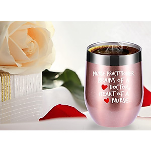 momocici Nurse Practitioner Brains Of A Doctor, Heart Of A Nurse 12 OZ Wine Glasses Tumbler.Gifts for Nurse.Birthday,Christmas,Graduation Gifts for Friends,Daughter,Men,Women Mug(Rose Gold)