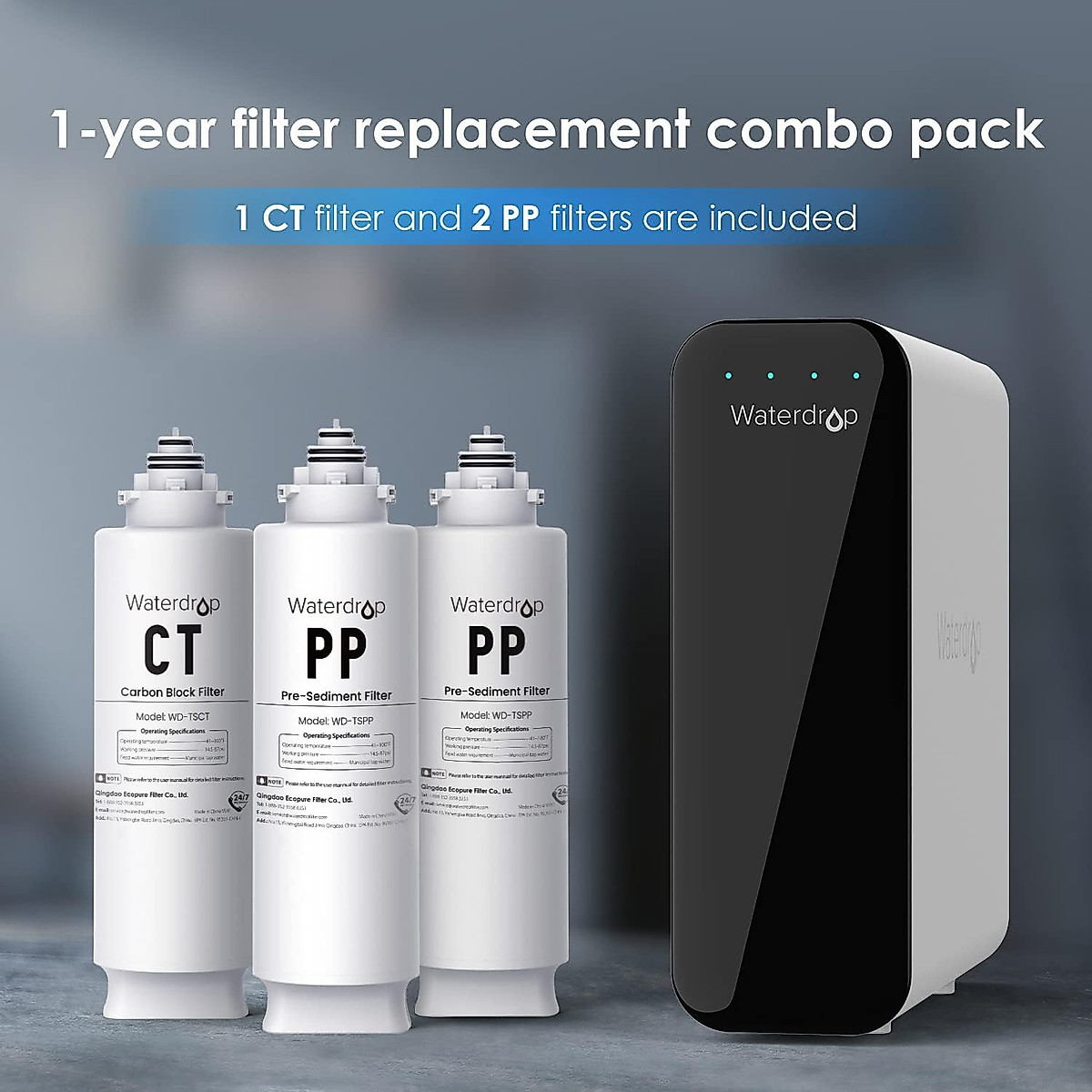 Waterdrop Undersink Replacement Water Filter, 2PP+CT, Replacement for TSU-W, TSC 3-Stage Under Sink Water Filter System