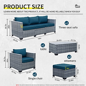 Lviden 6 Pieces Wicker Patio Furniture Sets Outdoor Conversation Set PE Rattan Sectional Sofa Couch with Storage Table and Peacock Blue Cushions