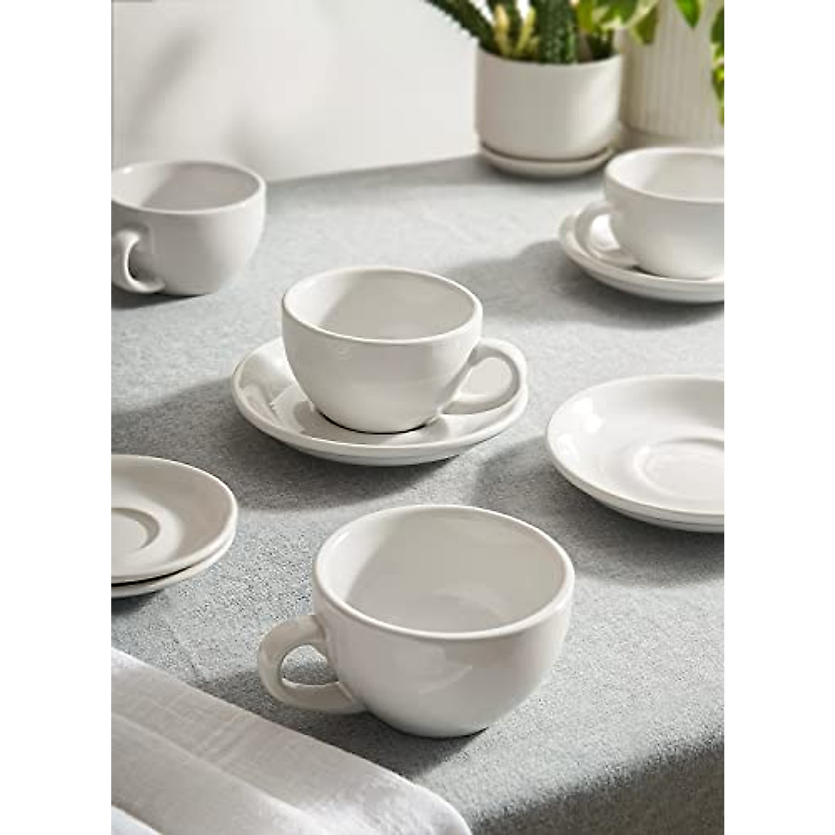 LE TAUCI 6 oz Cappuccino Cups with Saucers，Ceramic Coffee Cup for Au Lait, Double shot, Latte, Cafe Mocha, Tea - Set of 4, White