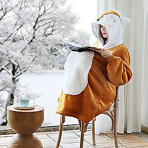 Queenshin Orange Fox Hoodie Wearable Blanket Oversized Sweatshirt for Adults, Comfy Flannel Animal Body Blanket Sherpa Lined, One Size for All