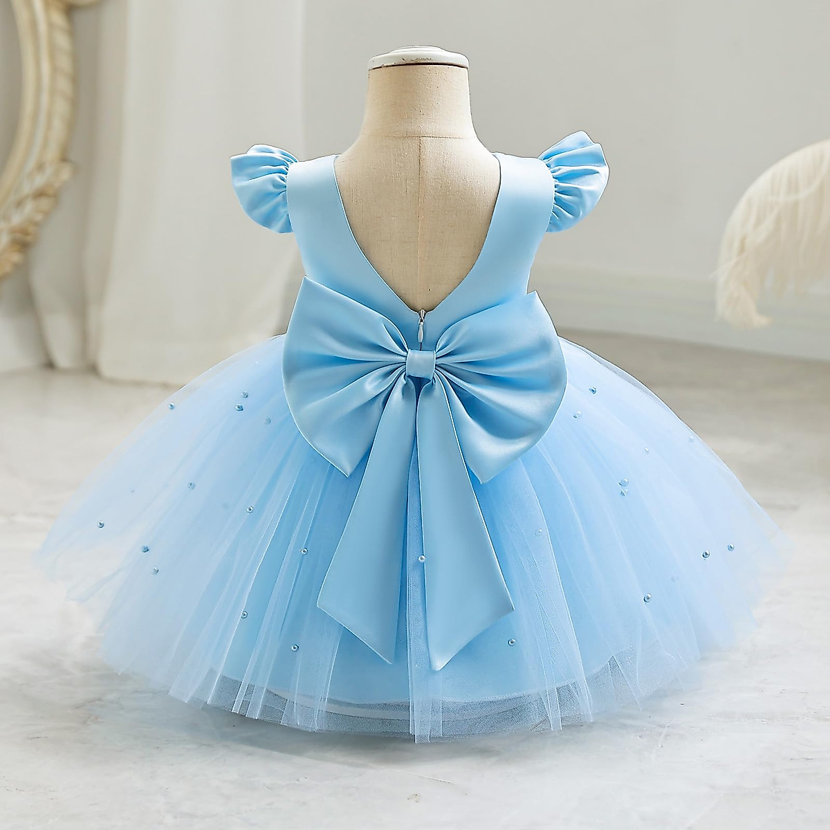 Baby Flower Girl Dress: Toddler Dress for Wedding First Communion Baptism Christening Dresses First Birthday Outfit Newborn Photoshoot Cake Smash Infant Kids Princess Tulle Gown Blue 18-24 Months