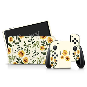Tacky Design Sunflowers Skin Compatible with Nintendo Switch OLED Skin Wrap Cover, Off-White Skin for Nintendo Switch OLED Stickers, Premium Vinyl 3M Full Wrap Decal
