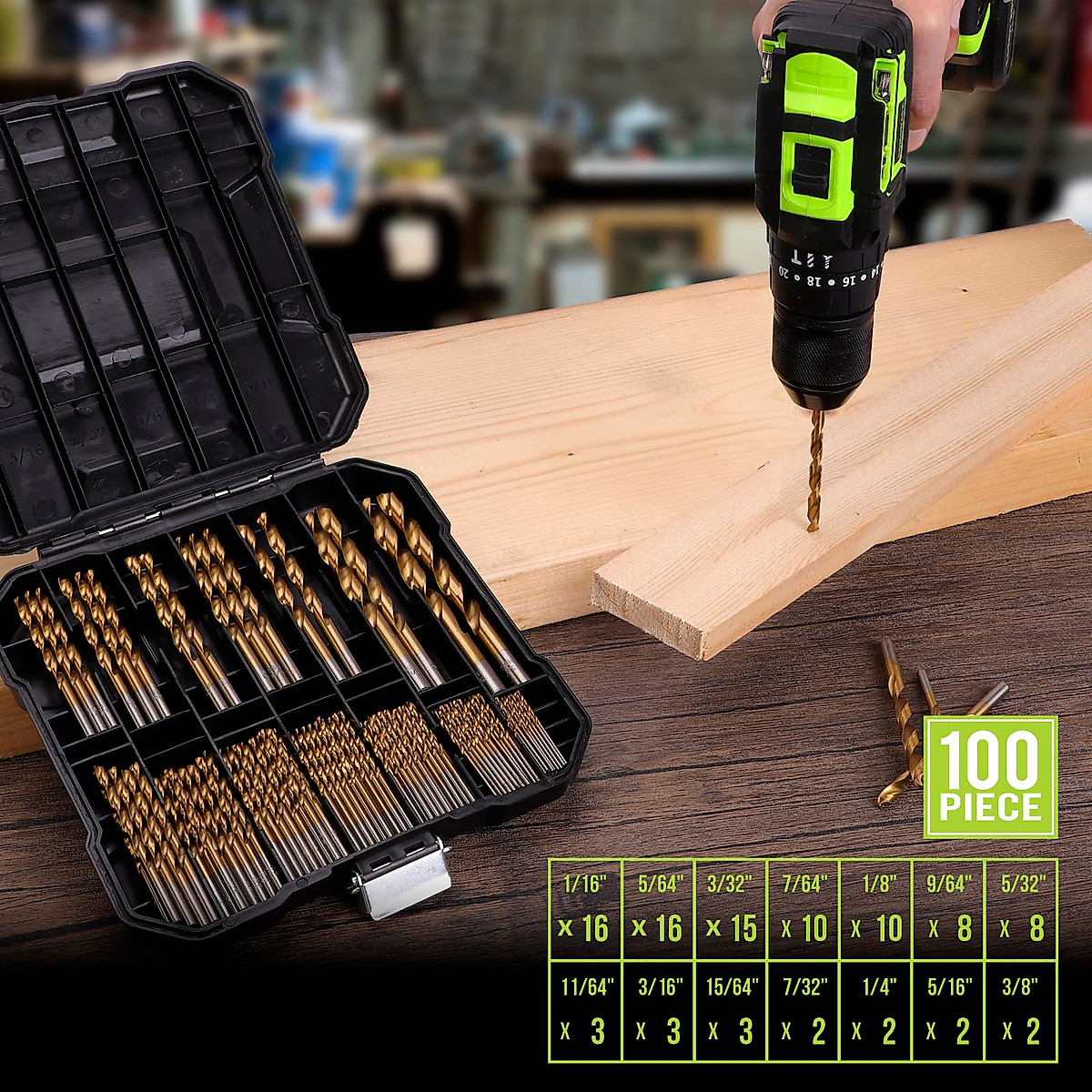 COMOWARE 100 Pcs Titanium Drill Bit Set - High Speed Steel for Steel, Wood, Plastic, Metal, Copper, Aluminum Alloy with Storage Case, 3/64"-3/8"