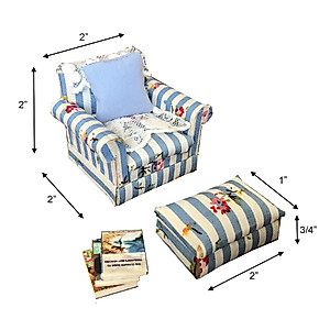 Dollhouse DIY Kit, Sofa Chair with Ottoman, Miniature Living Room Furniture Armchair, Blue White Fabric, Accessories for 3 to 4 inch Dolls, 1/24 Scale