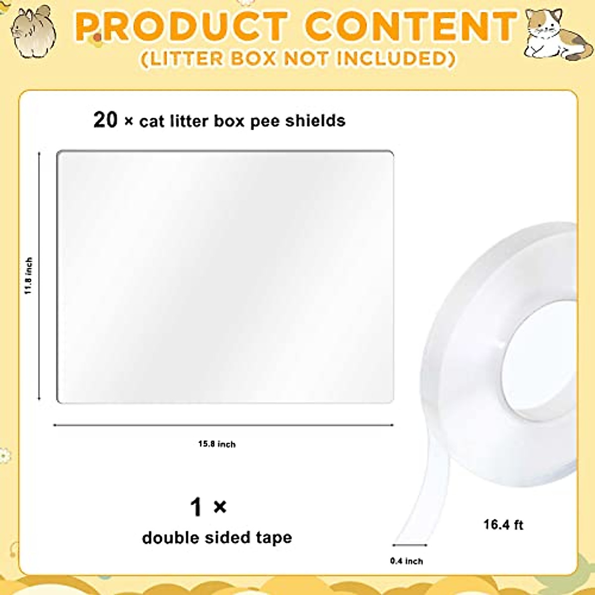 Maitys 20 Pcs Cat Litter Box Pee Shields Transparent Cat Litter Box Splash Guard Litter Pan Pee Shields for Open Top Litter Pan with Double Sided Tape, Litter Box Not Included, 12 x 16 Inch