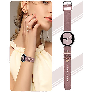 ORATYFAN Bands for Samsung Galaxy Watch 7/4/5/6 with Charms, 20mm Women Floral Engraved Silicone Strap with Decorative Rings for Watch 6/Watch 5 Pro/Watch 4 Classic 46mm 42mm/Watch 3 41mm/Active 2