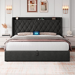 iPormis King Size Lift Up Storage Bed Frame with Charging Station, Upholstered Platform Bed Frame with Tufted Headboard, Hydraulic Storage, No Box Spring Needed, Noise-Free, Easy Assembly, Dark Grey