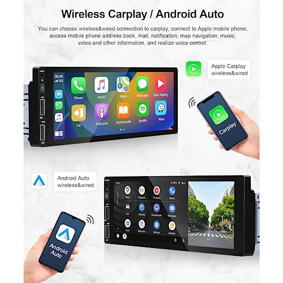 Single Din Touchscreen Car Stereo with Wireless Apple CarPlay, Rimoody 6.86" 1 Din Car Radio with with Android Auto Bluetooth FM Radio EQ Mirror Link Car mp5 Player TF/USB Rear View Camera