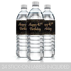 Black and Gold 40th Birthday Party Water Bottle Labels - 24 Stickers