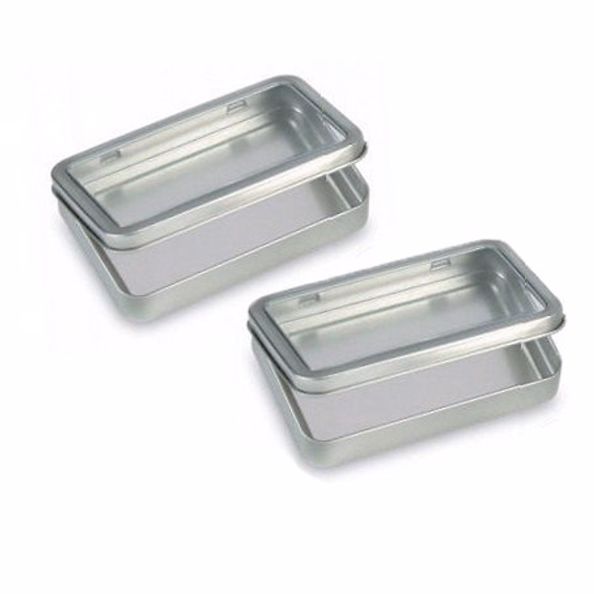 Rectangular Metal Storage Tin Box with Windowed Hinged Lid - Plain Silver Blank Storage Case, Survival Kit Tins 5.5" x 3.5" (2X)