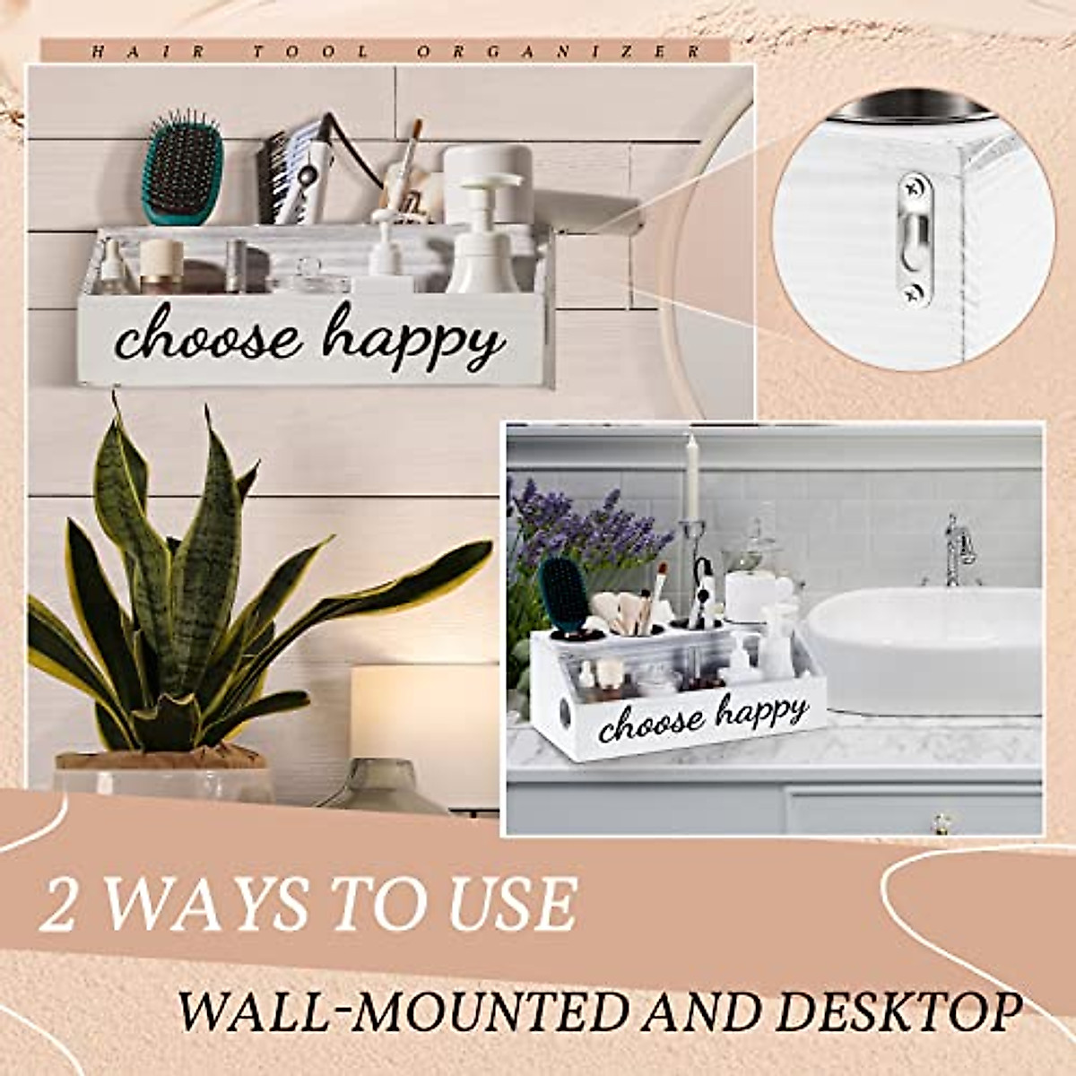 Nuenen Hair Tool Organizer White Hair Dryer Holder Choose Happy Blow Dryer Holder Hair Supply Storage Organizer Wood Curling Iron Holder Hair Accessories Product Styling Tools Organizer for Bathroom