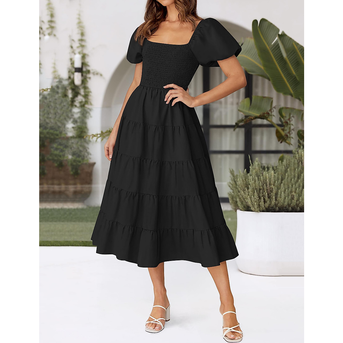 ZESICA Women's 2024 Summer Square Neck Short Puff Sleeve Solid Color High Waist Casual Smocked Flowy A Line Tiered Midi Dress