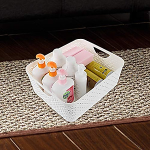 STARVAST 3 Pack Plastic Storage Baskets, Portable White Fish Scale Pattern Hollow Desktop Storage Bin Box with Handle for Kitchen, Bathroom, Kids Room or Nursery Storage – 13.8 x 11.2 x 5.1 inches