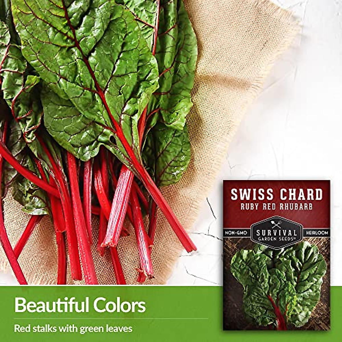 Survival Garden Seeds - Ruby Red Rhubarb Swiss Chard Seed for Planting - Packet with Instructions to Plant and Grow Delicious Leafy Greens in Your Home Vegetable Garden - Non-GMO Heirloom Variety