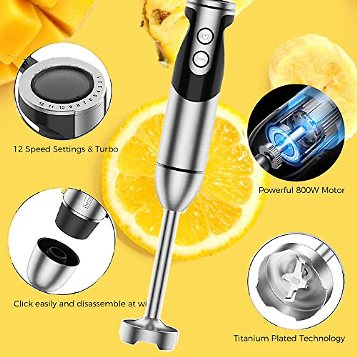 Stainless Steel Titanium Reinforced 3-in-1 Immersion Hand Blender, Powerful with 80% Sharper Blades, 12-Speed Corded Blender, Including Whisk and Milk Frother (3-in 1 Black)