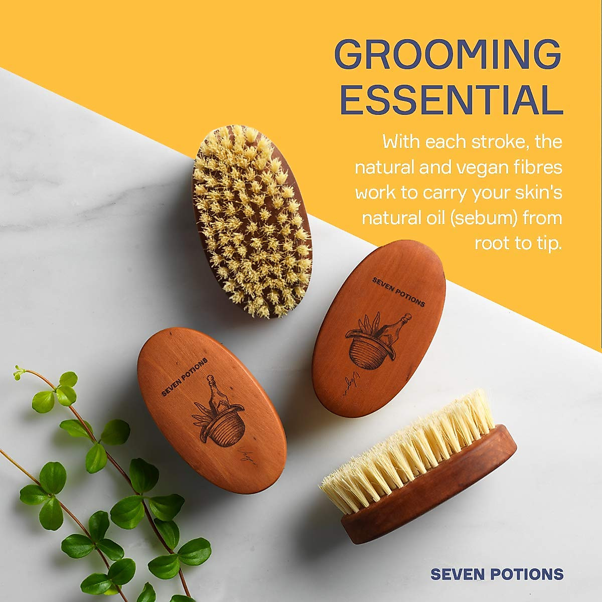 Seven Potions Vegan Beard Brush for Men — 100% Sisal Plant Fibre & Pear Wood — Firm Bristles to Gently Tame/Soften/Exfoliate – 100% Natural, Non-Synthetic