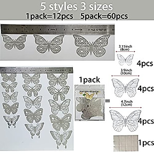 Ewong 60Pcs 3D Butterfly Wall Decal Birthday Cake Party Decoration 5 Style Mural Sticker Art Craft Kid Nursery Classroom Wedding Baby Shower Decorative Girl Bedroom Home Room Office Decor (Silver)