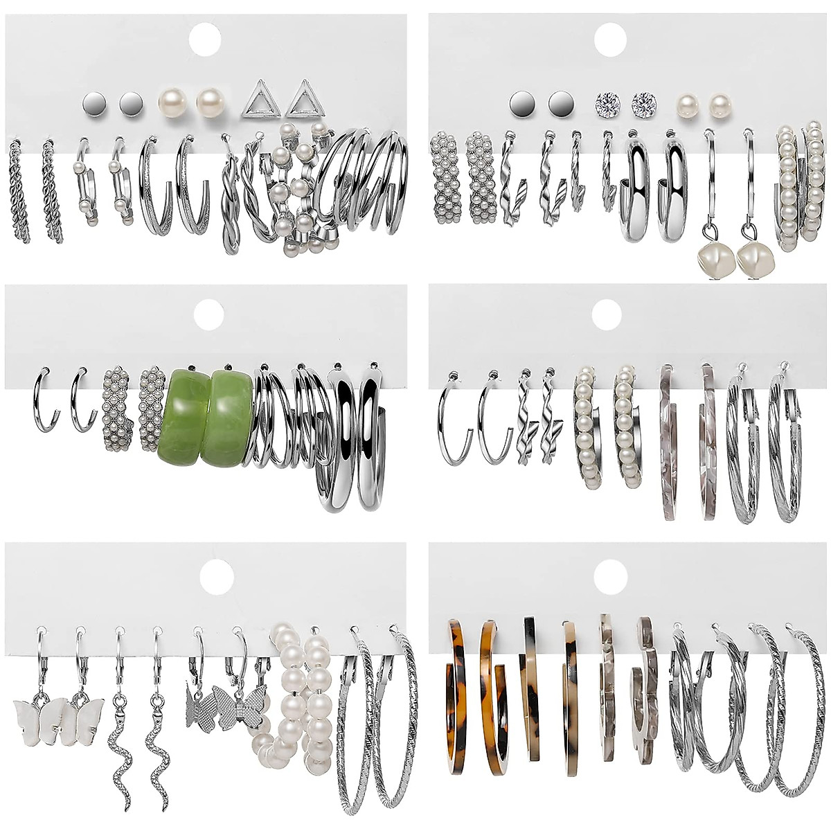 30 Pairs Gold Hoop Earrings Set for Women, Fashion Hoop Stud Drop Dangle Earrings Boho Statement Paperclip Hypoallergenic Earrings for Christmas Jewelry Gift (2-38-sliver)