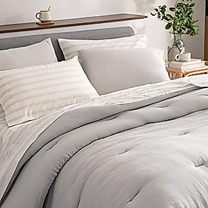 SHALALA Light Grey Cotton Gauze Lightweight Comforter Bedding Sets, Light Grey Comforters for King Bed, 7pcs Soft Warm Bed Sets with Comforter Set and Gray Striped Sheet Sets