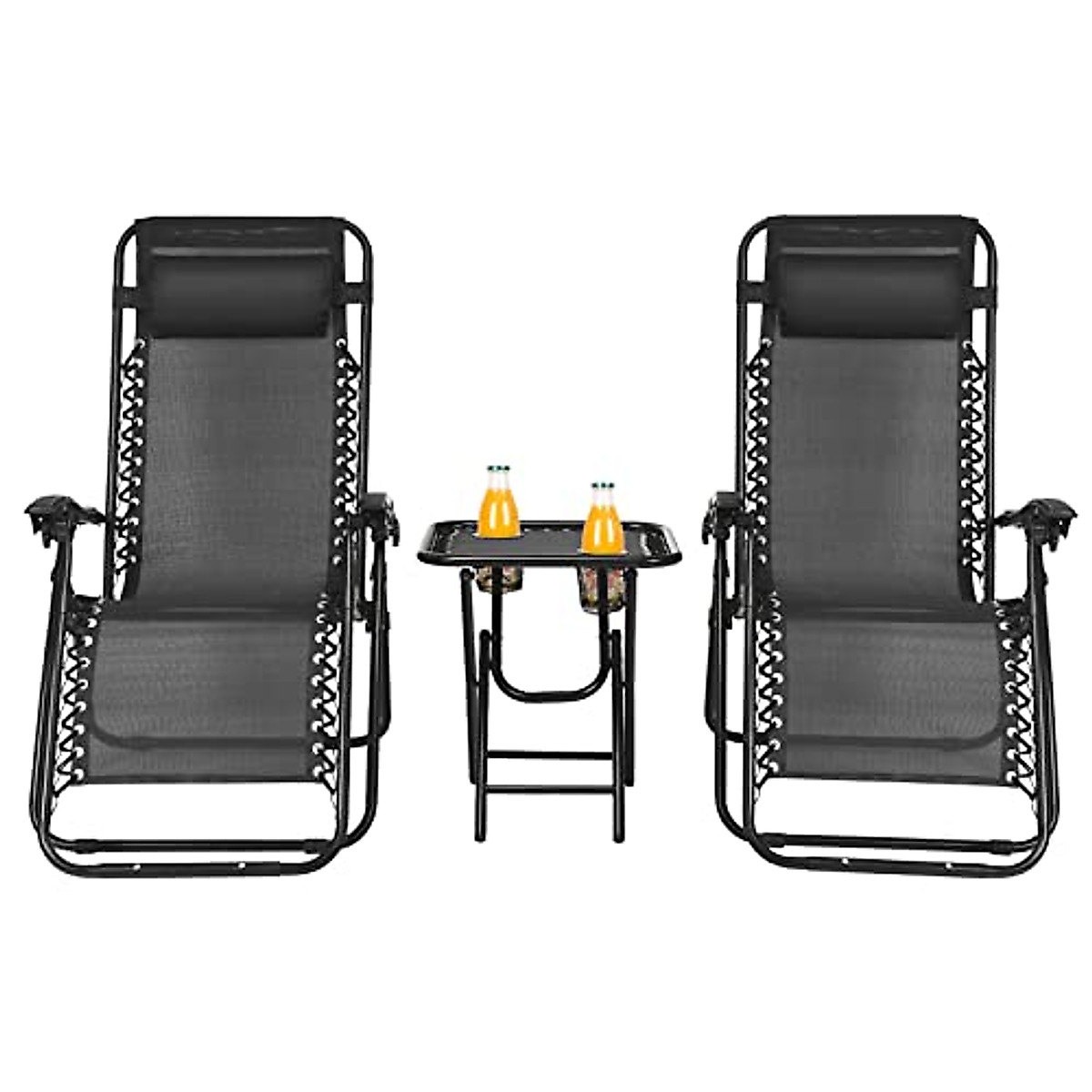 HAPPYGRILL Zero Gravity Lounge Chairs Set with Coffee Table, Folding Reclining Chairs with Side Table and Pillow, 3 Pieces Adjustable Patio Lawn Recliner Set for Outdoor Garden Camp Travel