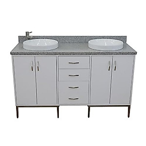 Tivoli 61" Double Round Sink Solid Wood Vanity in White/Gray Granite Stone