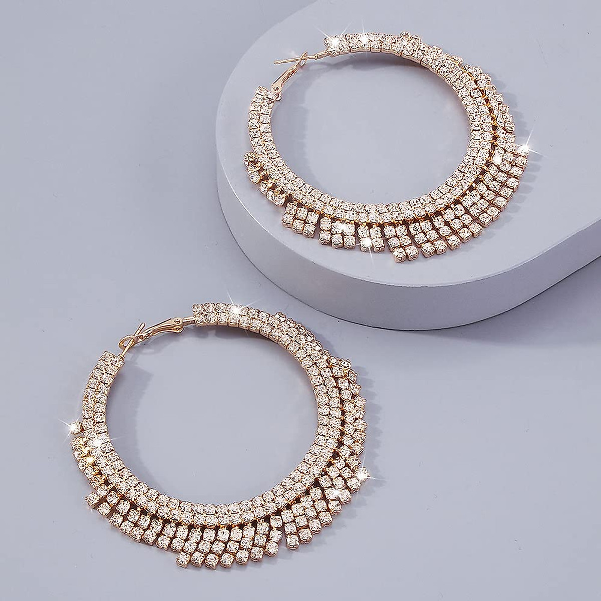Jumwrit Large Rhinestone Hoop Earrings Big Round Circle Earrings Tassel Chain Dangle Earrings Statement Earrings for Women Girls（Gold）