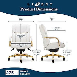 La-Z-Boy® Symphony Executive Mid-Back Office Chair, Diamond Quilt Design, Pocket Coil Cushion, Padded Armrests, Ergonomic Computer DeskChair, Swivel Metal Base, Bonded Leather, White and Gold