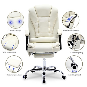 Belandi Massage Office Chair, Ergonomic Executive Computer Chair w/Foot Rest, PU Leather Executive Office Chair w/Heated, Padded Armrest, High Back Swivel Recliner for Office Home Study (White)