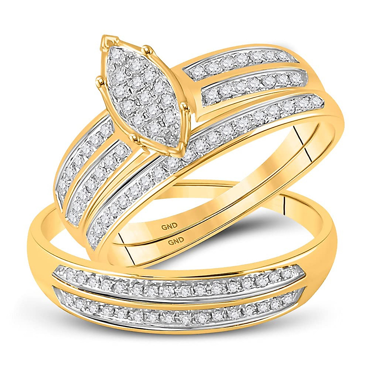 Sizes - L = 9, M = 9 - 10K Yellow Two Tone Gold Round Diamond Trio Three Ring Set - Matching His and Hers Engagement Ring & Wedding Bands - Micro Pave Marquise Center Setting Shape (.28 cttw.) - Please use drop down menu to select your desired ring sizes