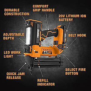 Freeman PE20VBR50 20 Volt Cordless 18-Gauge 2" Brad Nailer Kit with Lithium Ion Battery, Charger, Bag, and Nails (500 Count) – 1400 Shots per Charge