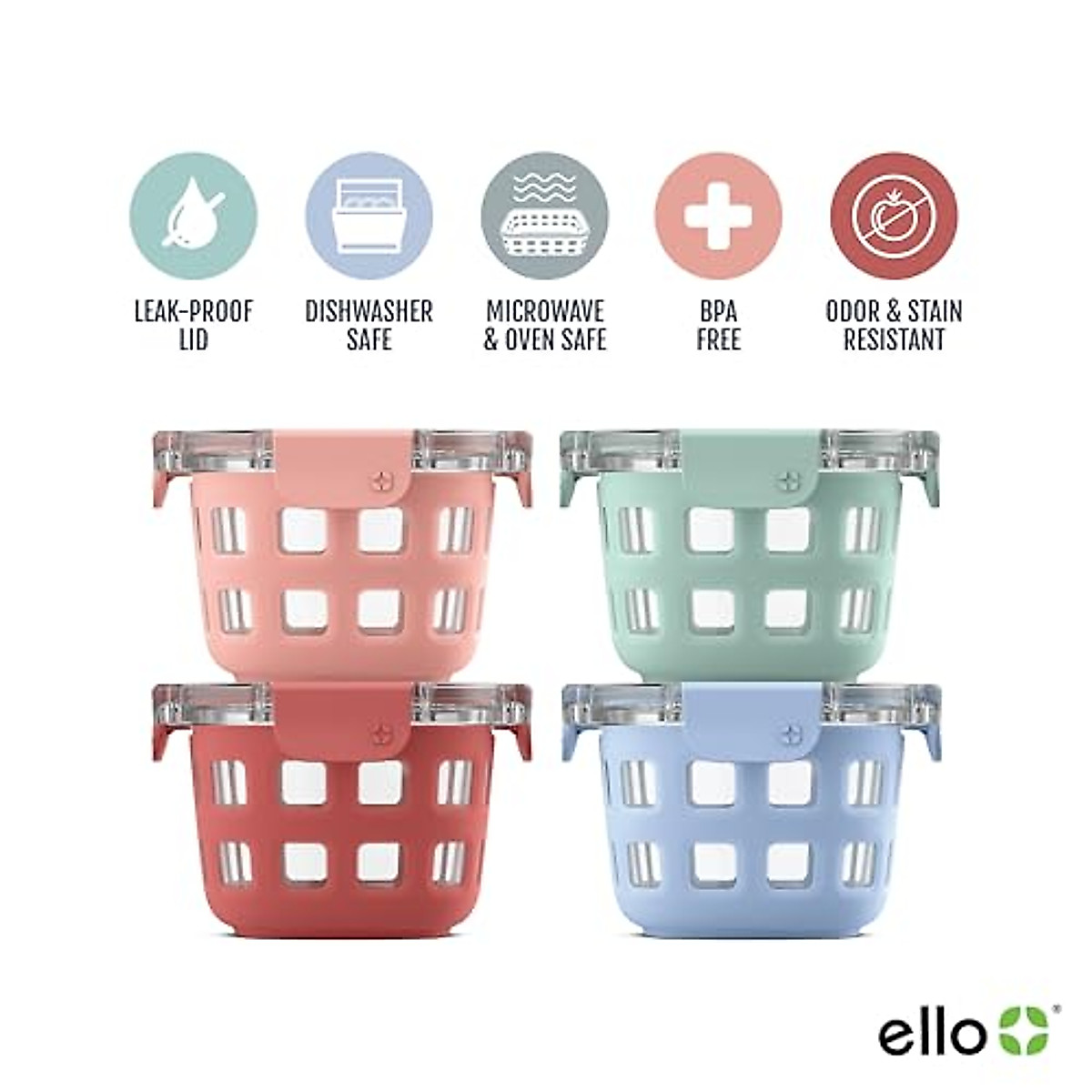 Ello Duraglass Glass Meal Prep Sets Leak-Proof Glass Food Storage Containers with Airtight BPA-Free Plastic Lids, Dishwasher, Microwave, and Freezer Safe