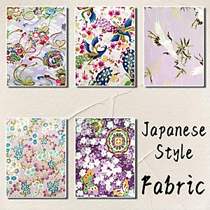 Fat Quarters Fabric Bundles, Japanese Purple Fabric 5 PCS 5 Designs,Kimono Peacock Cherry Blossom Red Crowned Crane Printed Sewing Fabric Squares 19.6 x 15.8 Inch for Quilting Wrapping Cloth DIY