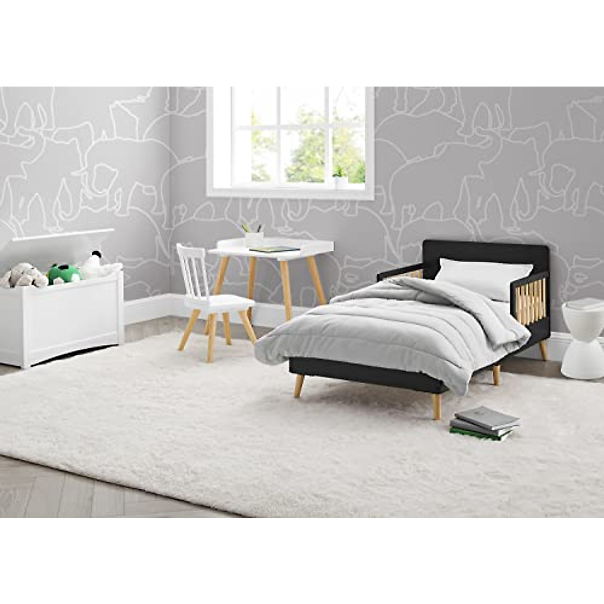 Delta Children Logan Wood Toddler Bed + Simmons Kids SlumberTime Naturally 2-Stage Premium Foam Crib and Toddler Mattress - Waterproof - GREENGUARD Certified [Bundle], Midnight Grey/Natural