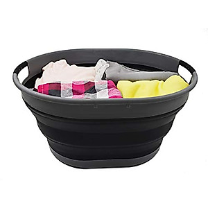 SAMMART 25L(6.6 Gallon) Collapsible Plastic Laundry Basket-Oval Tub/Basket-Foldable Storage Container-Portable Washing Tub-Space Saving Laundry Hamper, Water Capacity 20L(5.28 Gallon)(2, Grey/Black)