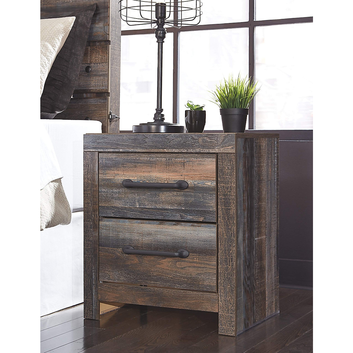 Signature Design by Ashley Drystan Rustic Industrial 2 Drawer Nightstand with 2 Slim-Profile USB Charging Stations, 24.37" Tall, Weatherworn Brown