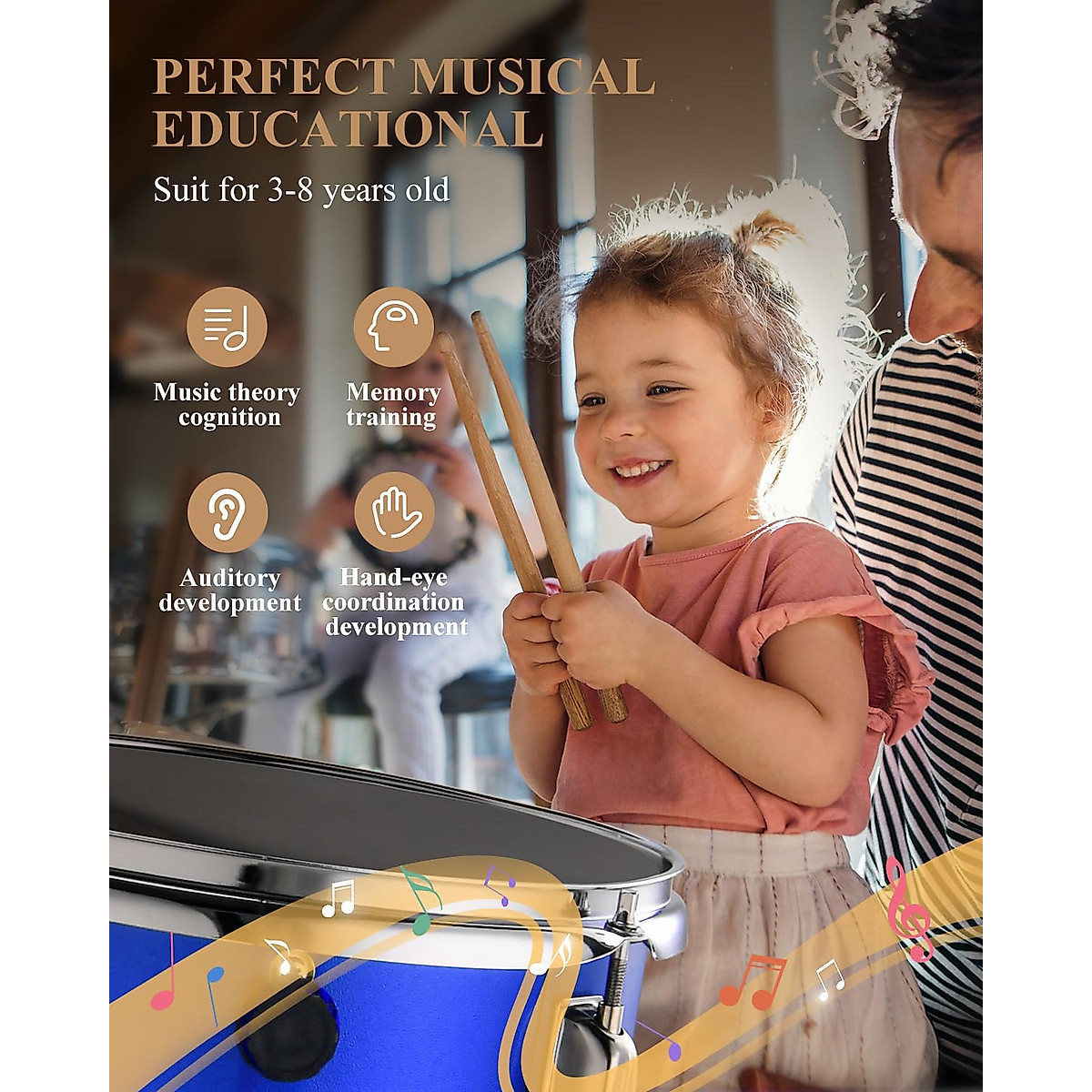 Drum Set Eastar 14 '' Drum Kit for Kids Beginners, 3-Piece with Adjustable Throne, Cymbal, Pedal & 2 Pairs of Drumsticks, Junior Drum Set with Bass Tom Snare Drum, Mirror Blue