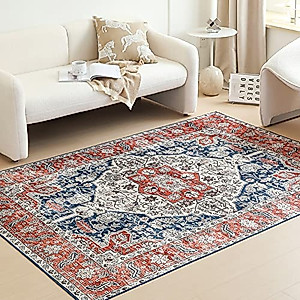 VK Living Washable Rug, 9'x12' Stain Resistant Washable Rug,Machine Washable Rug with Non-Slip,Vintage Bohemian Area Rug for Living Room Bedroom Dining Home Office Area Rug (Red, 9'x12')