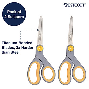 Westcott 13901 8-Inch Titanium Scissors For Office and Home, Yellow/Gray, 2 Pack