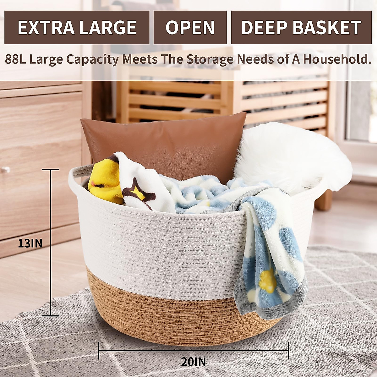 Woven Basket with Handle Cotton Rope 20'' x 13'' Blanket Toy Storage Basket for Living Room Large Laundry Baskets