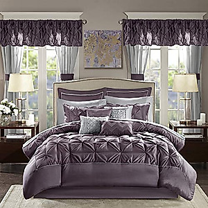 Madison Park Essentials Cal King Comforter Set, 24 Piece Bedding With Matching Curtains, Decorative Pillows, Luxe Diamond Tufting , Room in a Bag Joella Collection, Plum Cal King