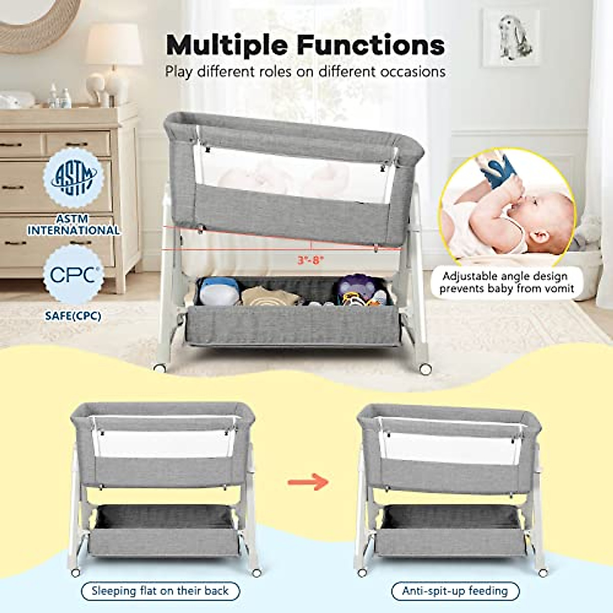Cowiewie Baby Bassinets,Bedside Sleeper for Baby/Infants with Storage Basket, Easy to Assemble Bassinet for Newborn/Infant, Adjustable Bedside Crib,Safe Portable Baby Bed,Travel Bag Included(Grey)
