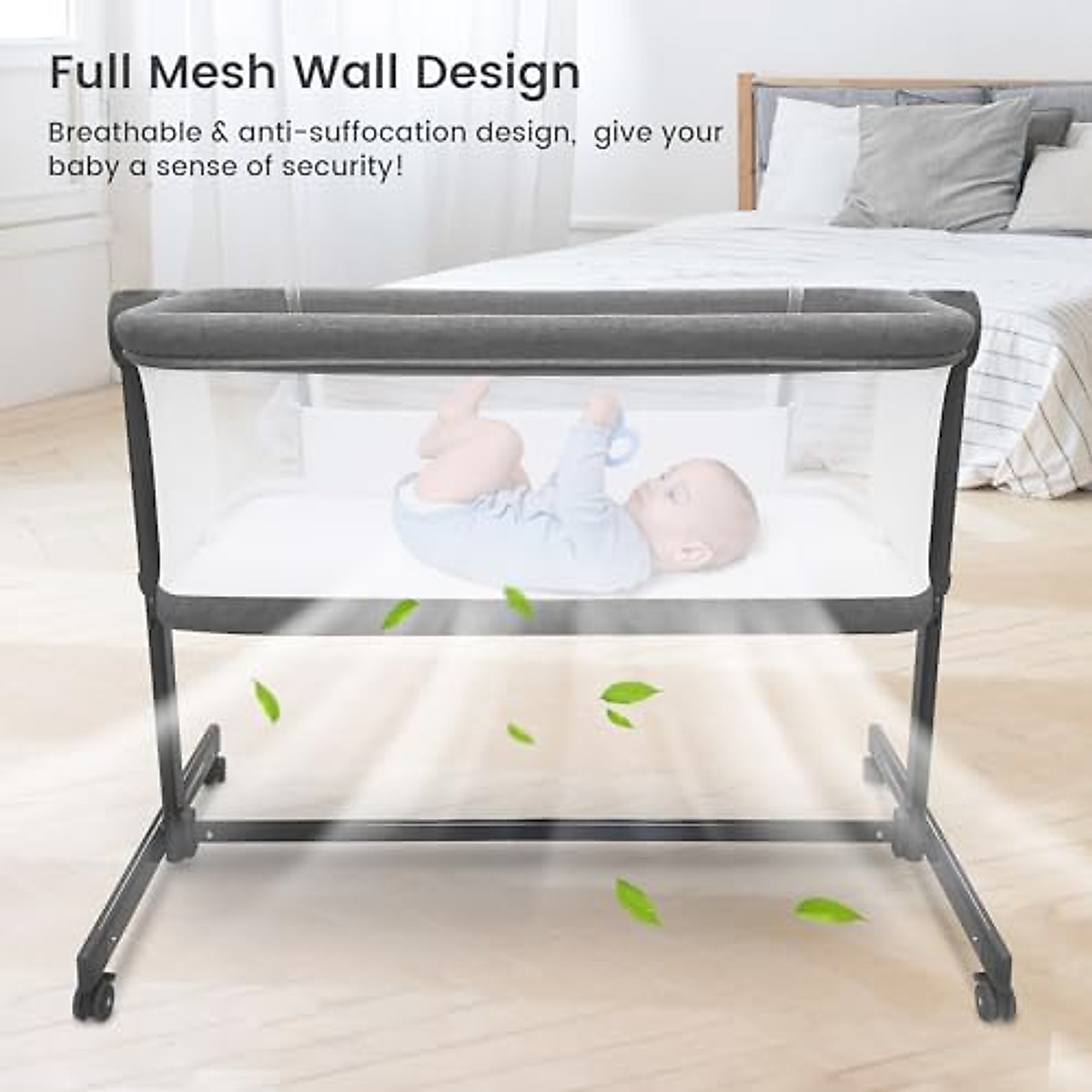 Baby Bassinet Bedside Sleeper for Baby, 4-Sided All Mesh Breathable Bedside Bassinet, Li’l Pengyu Co Sleeper for Newborn, with Washable Soft Mattress Bedside Crib (Grey)