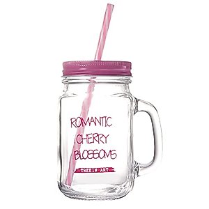 DOITOOL Mason Jar Drinking Mug 500ML Smoothie Cup Glass Juice Tumbler with Lid Handle and Straw for Juice Milk Cold Water Beverages (Pink)