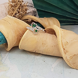 Dazzlingrock Collection Round Green Emerald & Diamond Ladies Double Heart Promise Ring in 925 Sterling Silver, Size 7