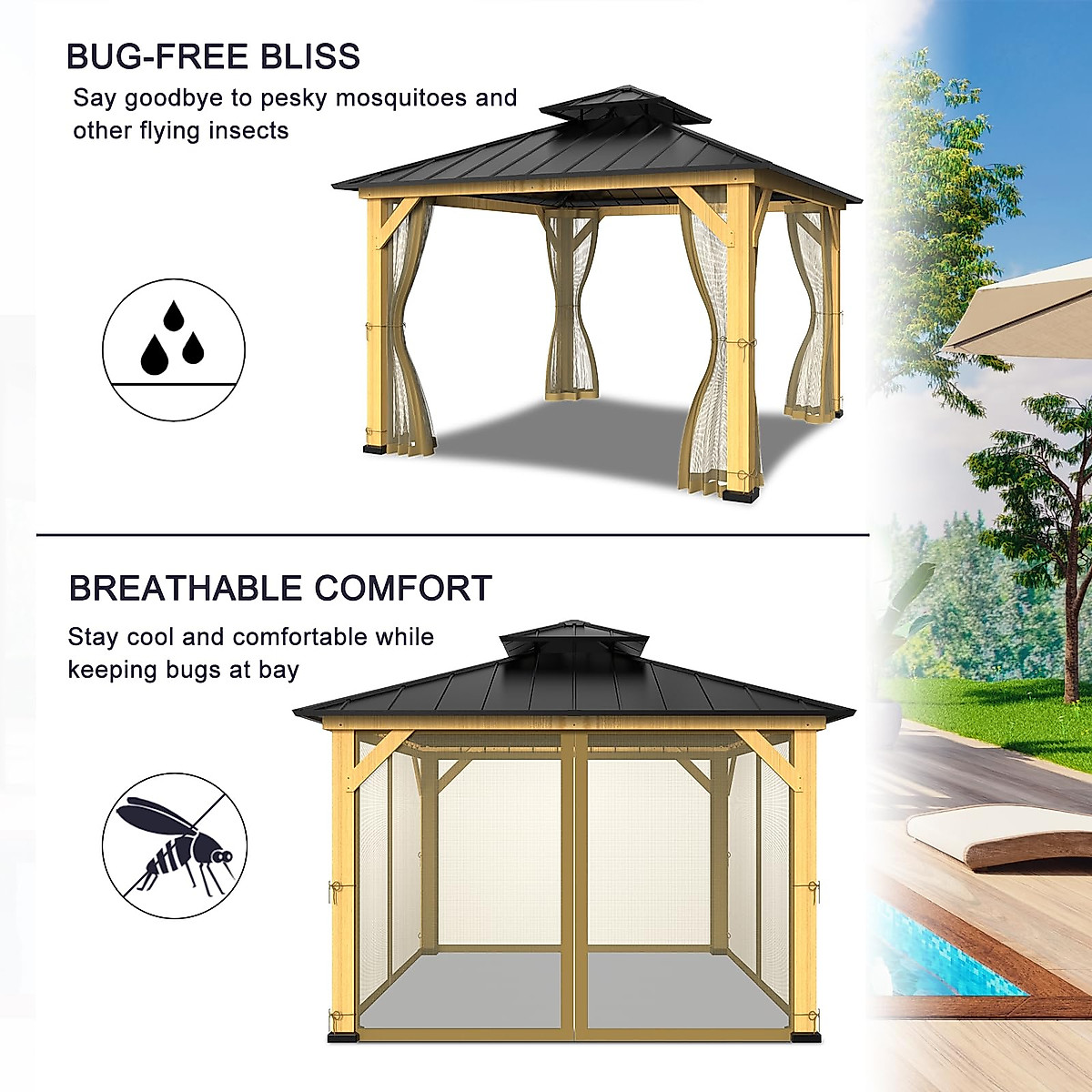 10-ft x 10-ft Gazebo Netting Replacement,Universal 4-Panel Mosquito Netting for Gazebo with Zippers(Only Netting)-Beige