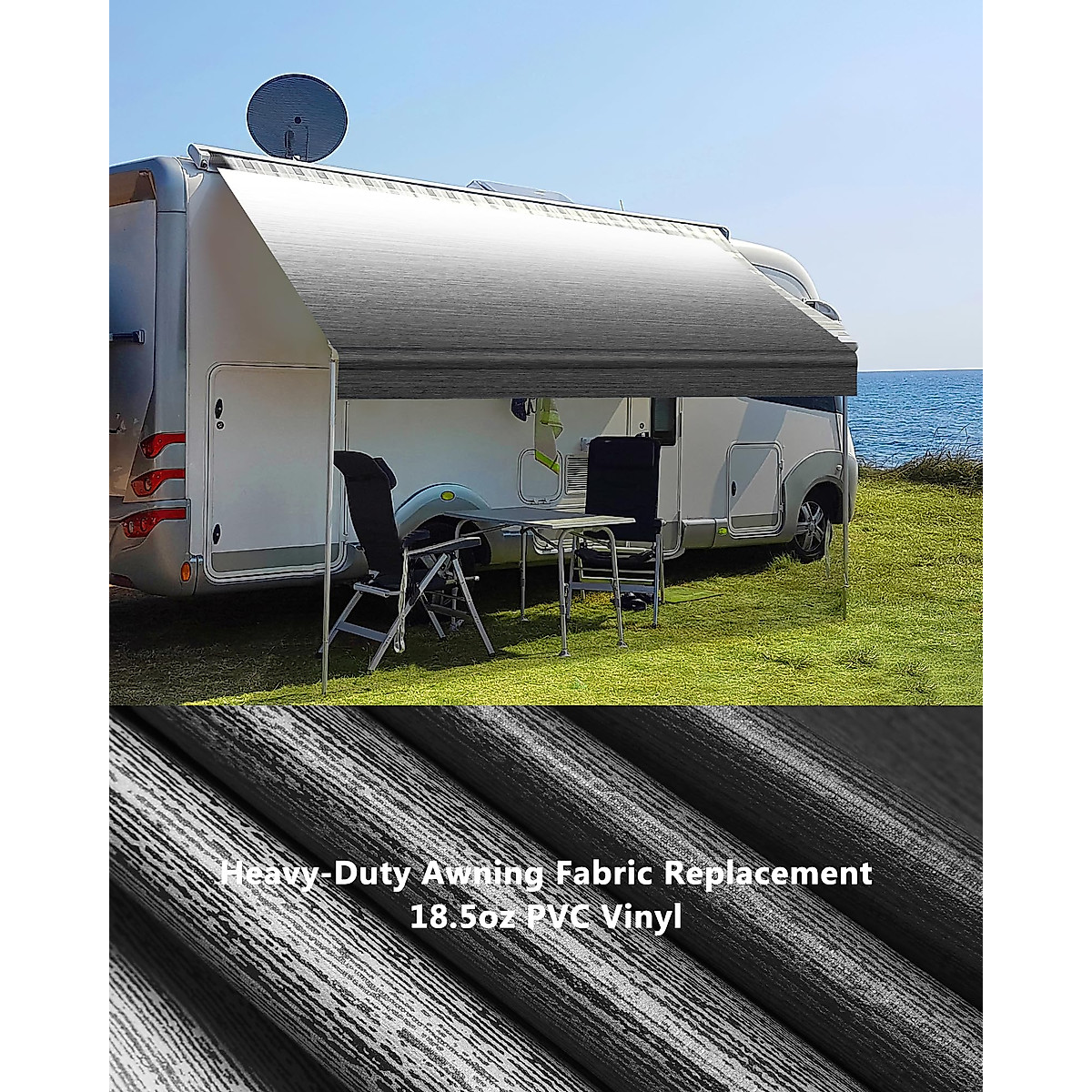 Xenjum RV Awning Fabric Replacement, 18.5oz Heavy-Duty Weatherproof Vinyl Camper Awning Replacement Universal Outdoor Canopy for RV, Trailer, and Motorhome Awnings-Black Fade- 15'(Fabric 14'2")