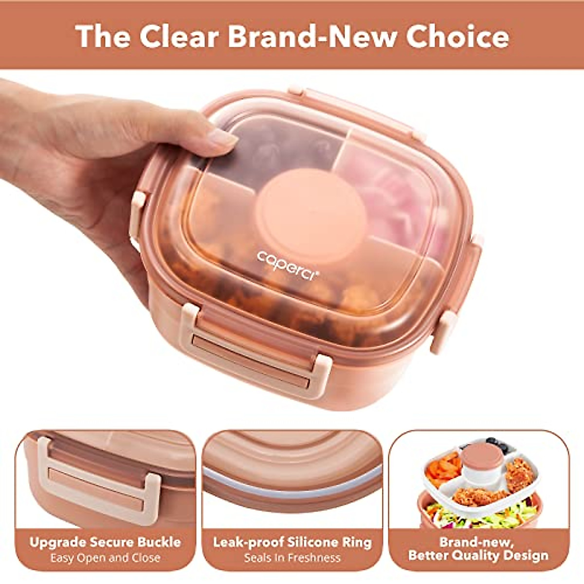 Caperci Superior Salad Container for Lunch To Go - Large 55-oz Salad Bowl Lunch Box Container with 4-Compartment Bento-Style Tray, 3-oz Sauce Container, Reusable Spork & BPA-Free (Pink)