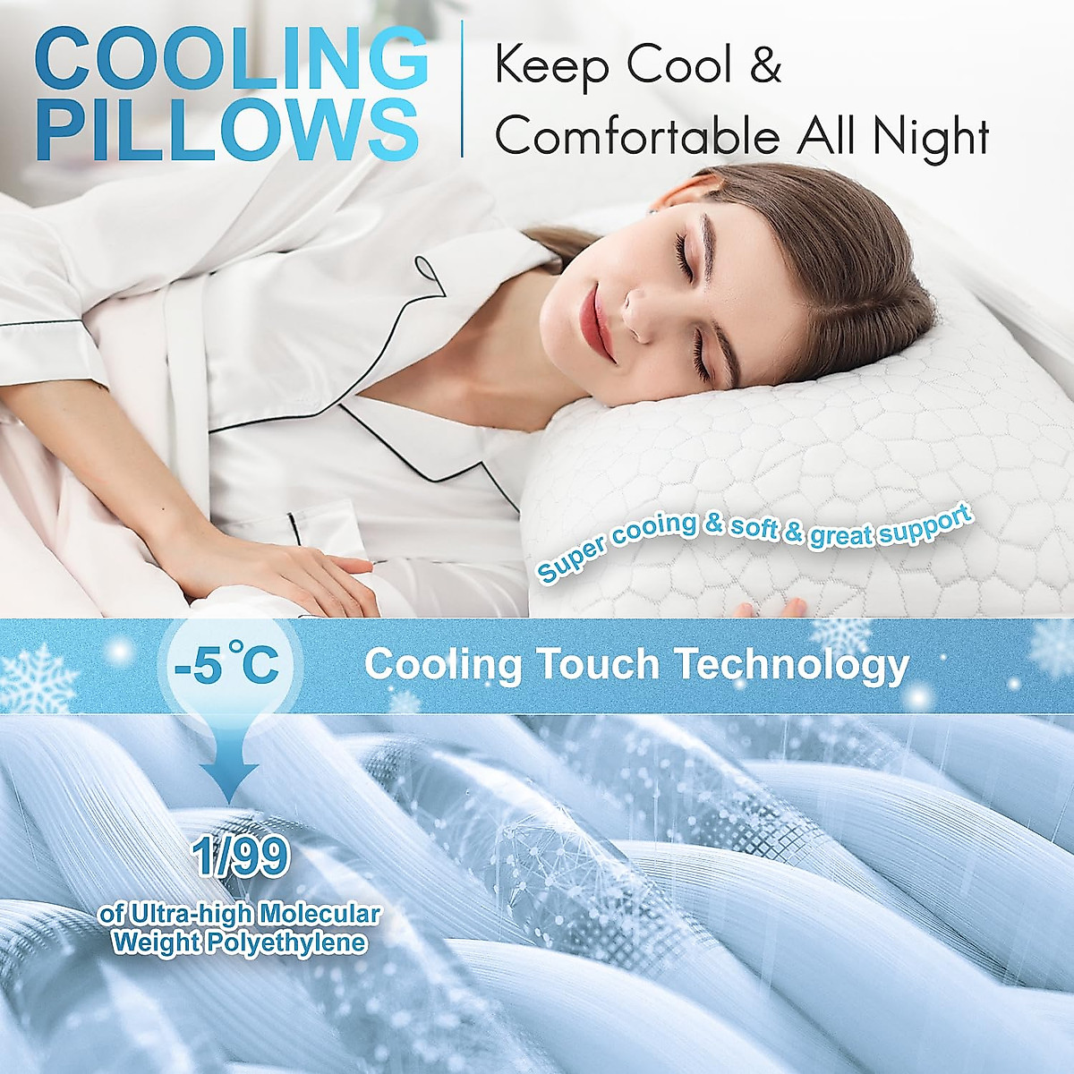 QUTOOL Cooling Pillows for Sleeping 2 Pack, Shredded Memory Foam Bed Pillows Queen Size Set of 2, Gel Pillow for Hot Sleepers Cool Pillow for Side Back and Stomach Sleepers, Cold Pillow, Supportive