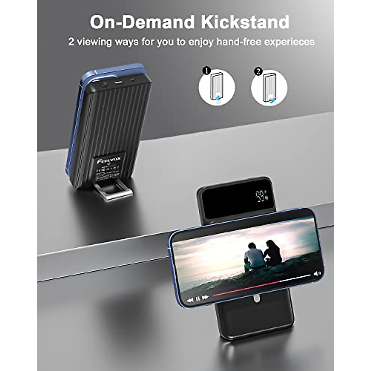 FEEL VOX Magnetic Wireless Portable Charger, Power Bank 10000mAh USB-C 18W Fast Charging Mag-net Safe Battery Pack with LED Display, Suitcase-Style Metal Retractable Stand for iPhone 14/13/12 Series